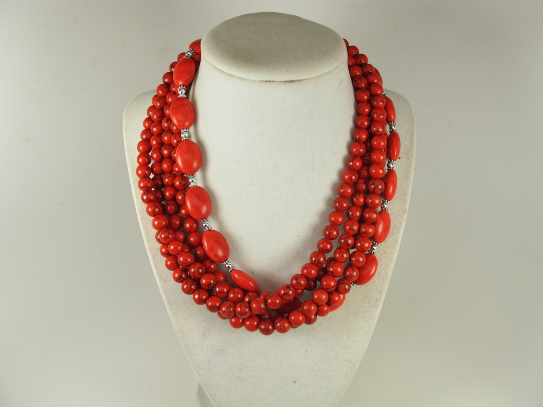 Chunky Red Turquoise Necklace, Multi Strand Red Ruby Statement Necklace ...