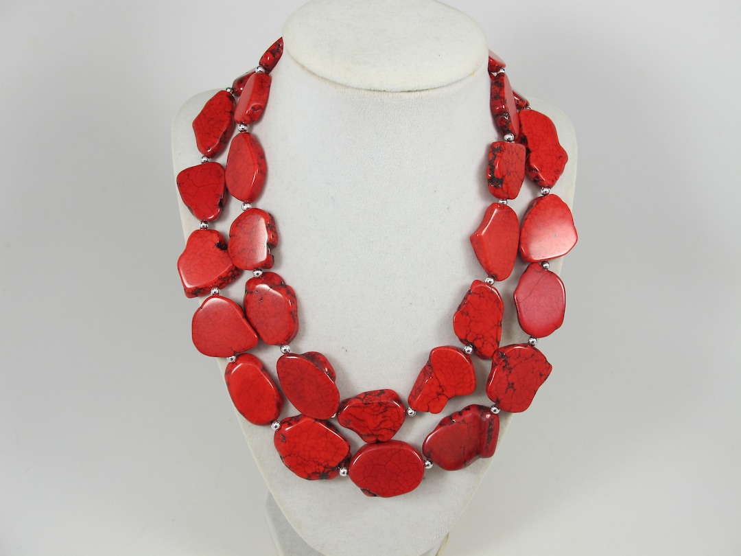Chunky Red Turquoise Necklace, Multi Strand Red Ruby Statement Necklace ...