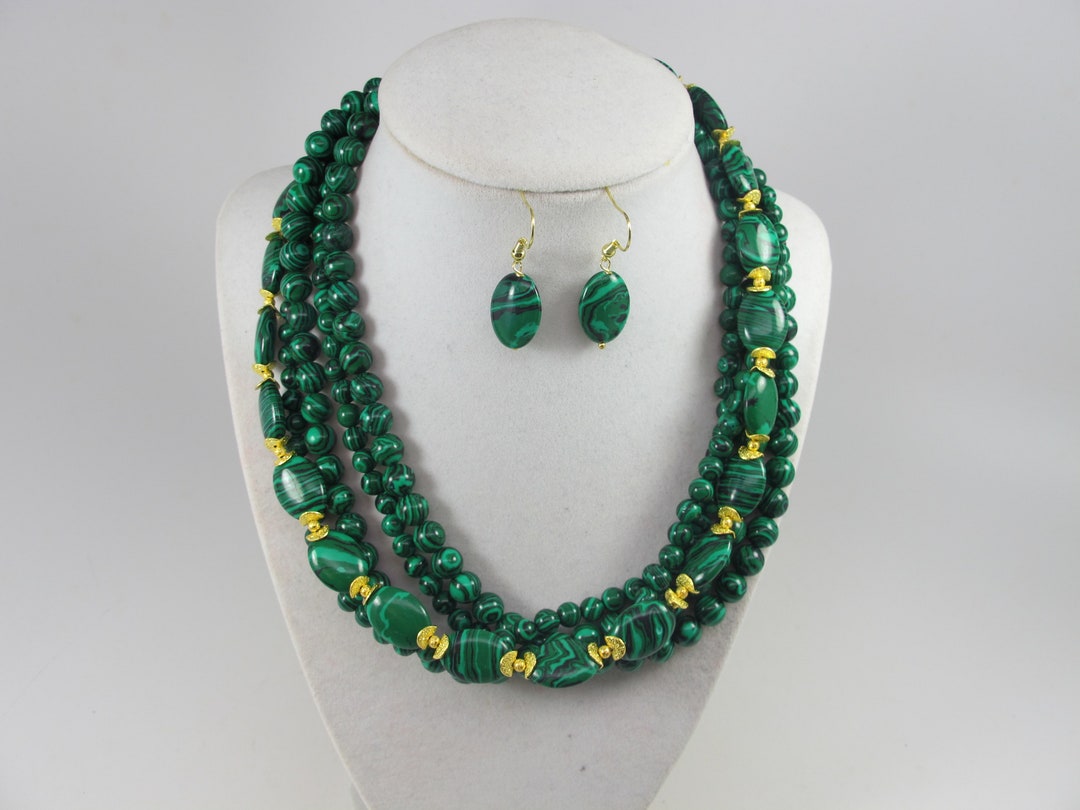 Chunky Green Malachite Necklace, Green Necklace, Green Beaded Necklace ...