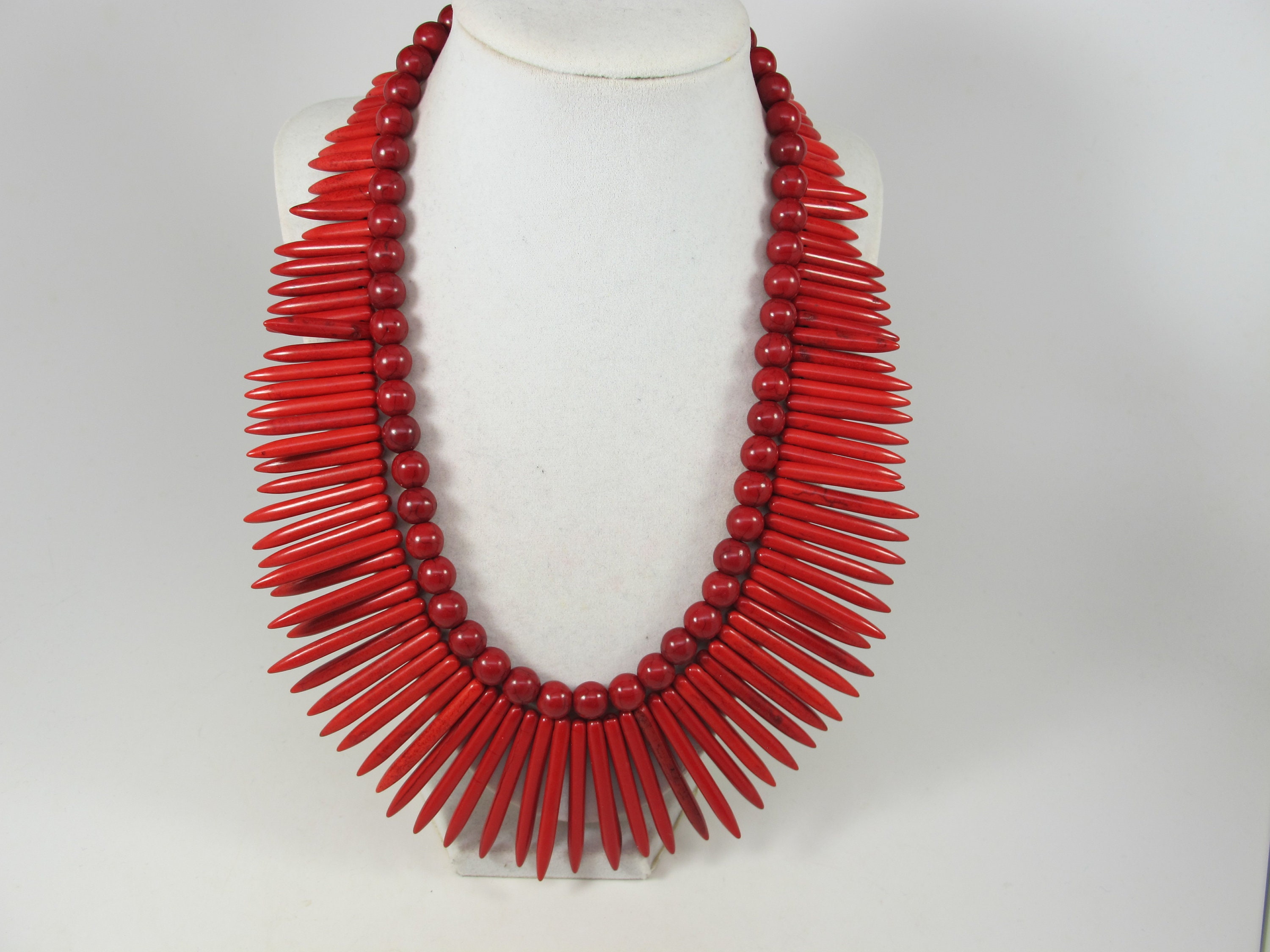 Chunky Red Turquoise Necklace, Multi Strand Red Ruby Statement Necklace ...