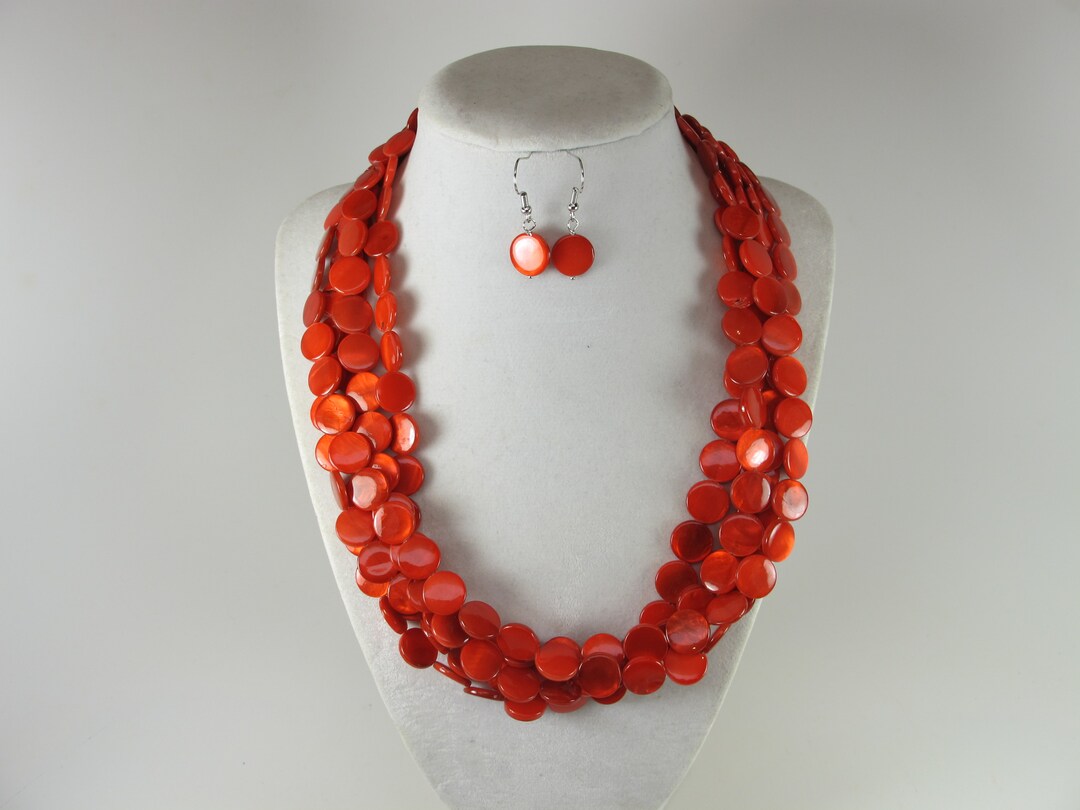 Chunky Red Shell Necklace, Multi Strand Red Ruby Statement Necklace ...