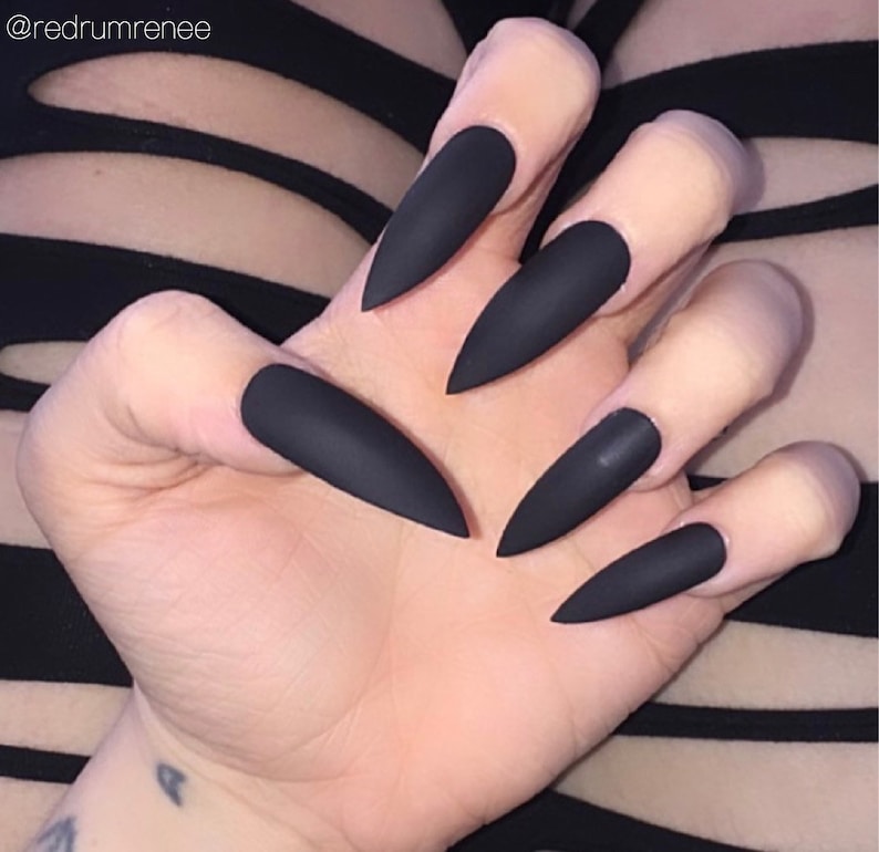 Long Matte Black Stiletto Nails Full Set Etsy