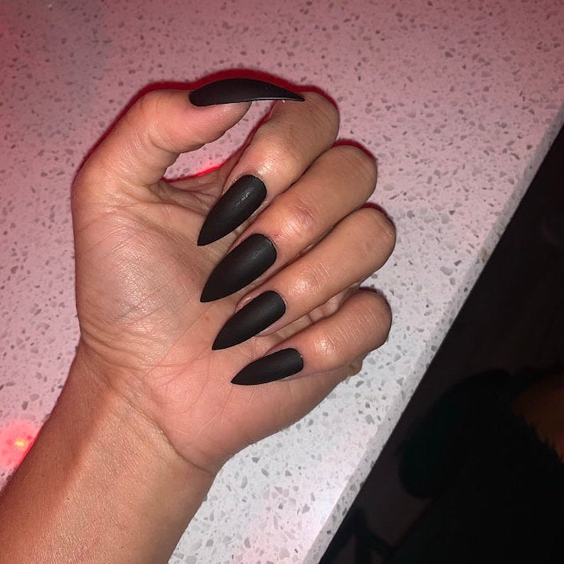 Long Matte Black Stiletto Nails Full Set Etsy