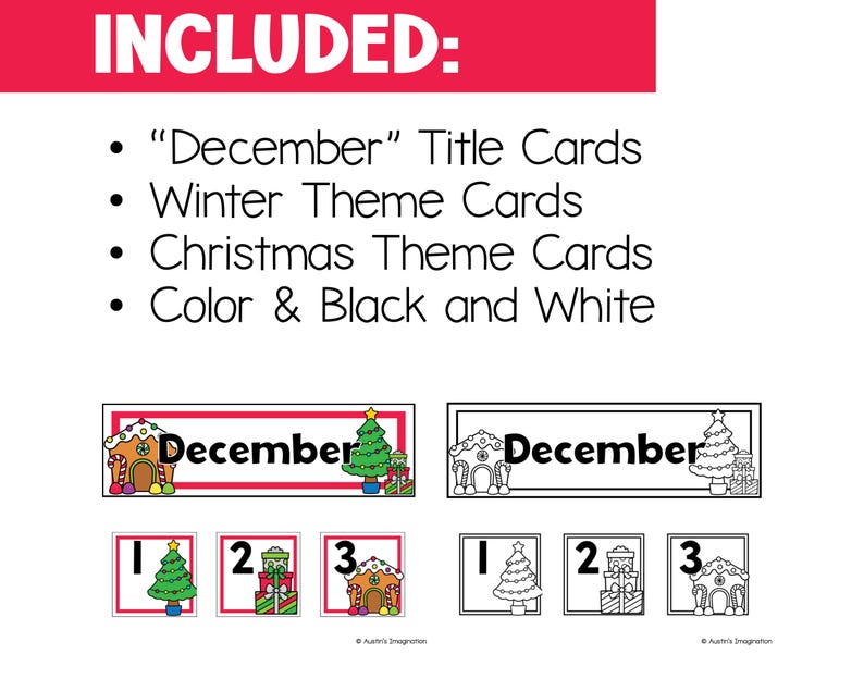 December Winter and Christmas Calendar Numbers Cards Printable Color ...