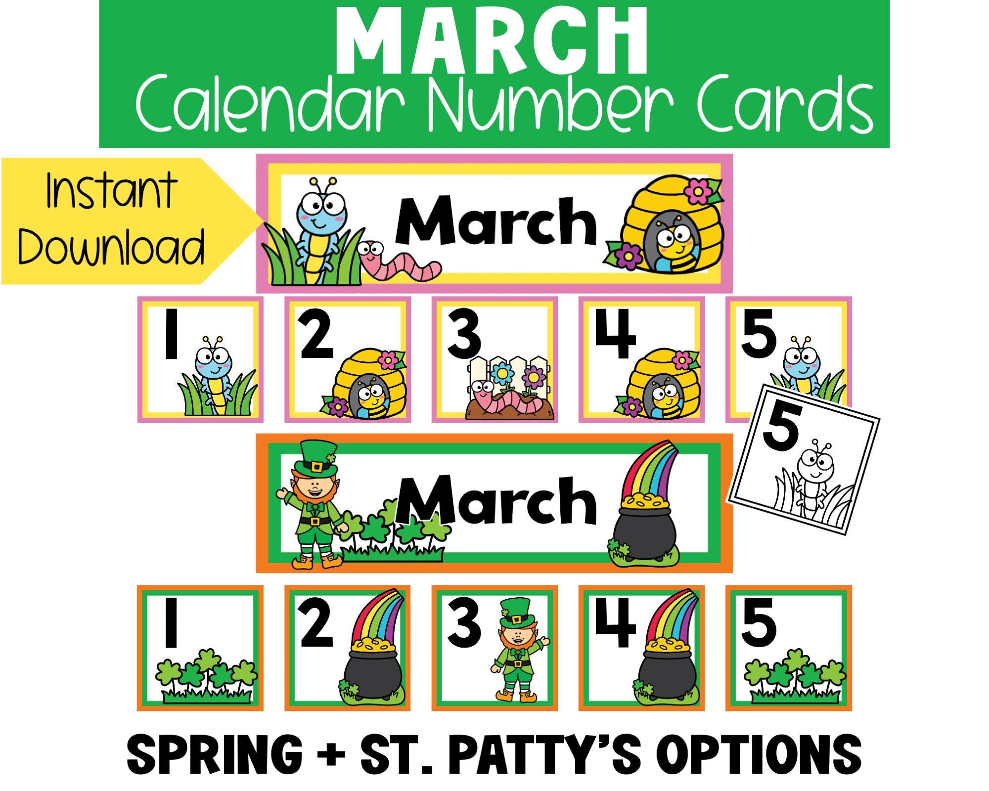 March Spring and St. Patrick's Day Calendar Numbers Cards Printable ...