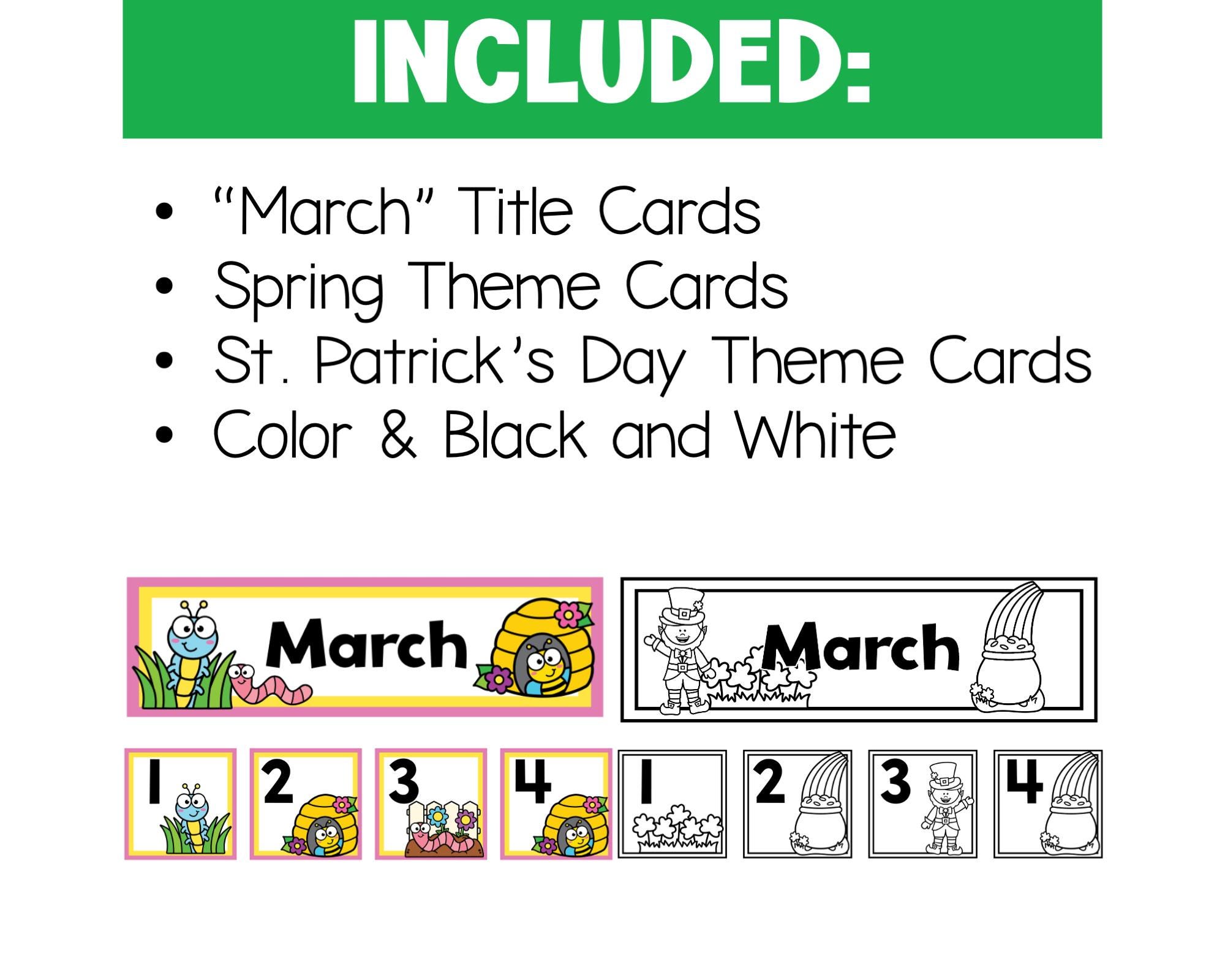 March Spring and St. Patrick's Day Calendar Numbers Cards Printable ...