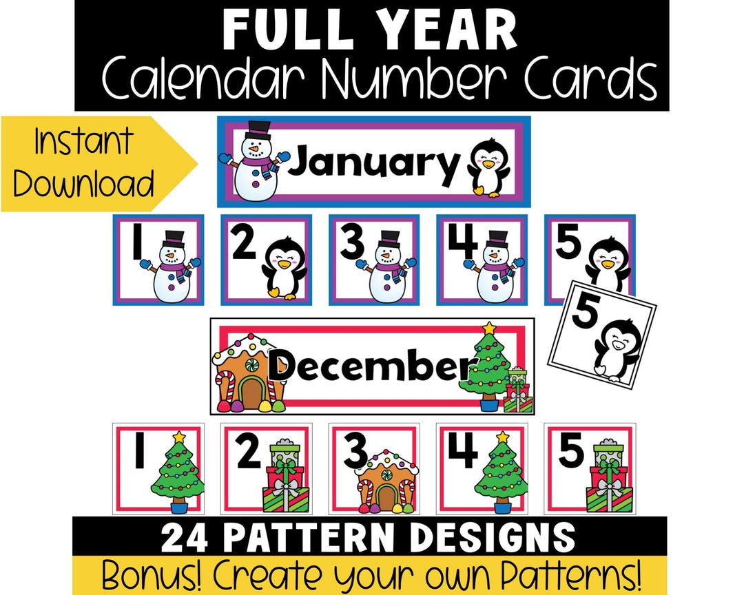 Full Year Classroom Calendar Bundle Calendar Numbers Cards Printable ...