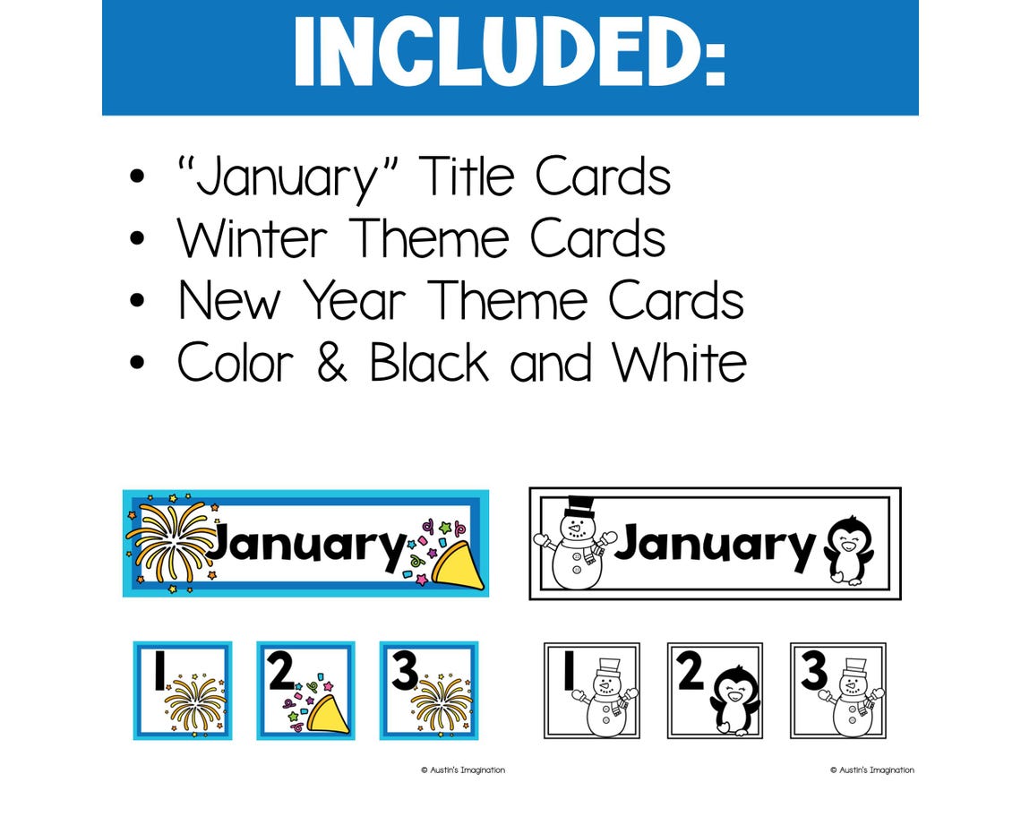 January Winter and New Year Calendar Numbers Cards Printable Color and ...