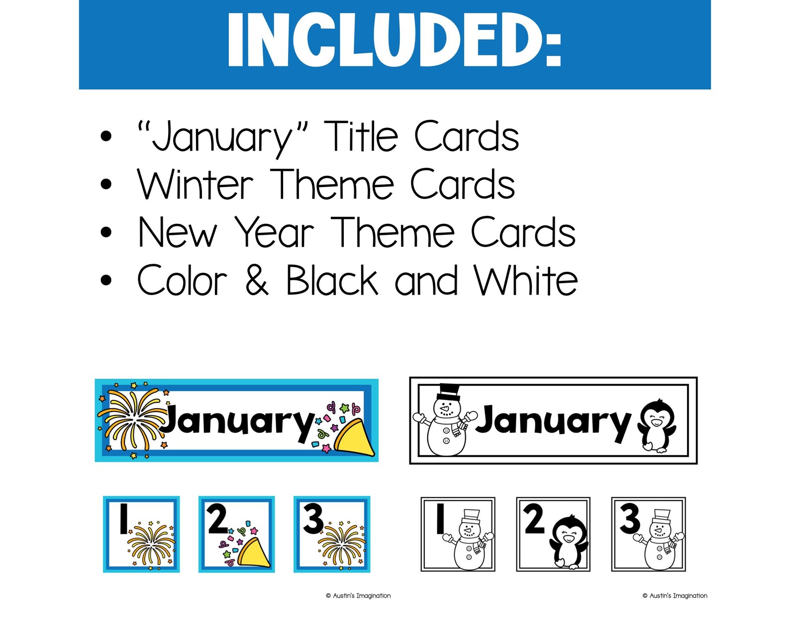 January Winter and New Year Calendar Numbers Cards Printable Color and ...