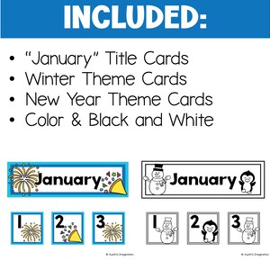 January Winter and New Year Calendar Numbers Cards Printable Color and ...