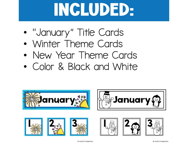 January Winter and New Year Calendar Numbers Cards Printable Color and ...