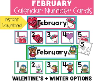 January Winter and New Year Calendar Numbers Cards Printable Color and ...