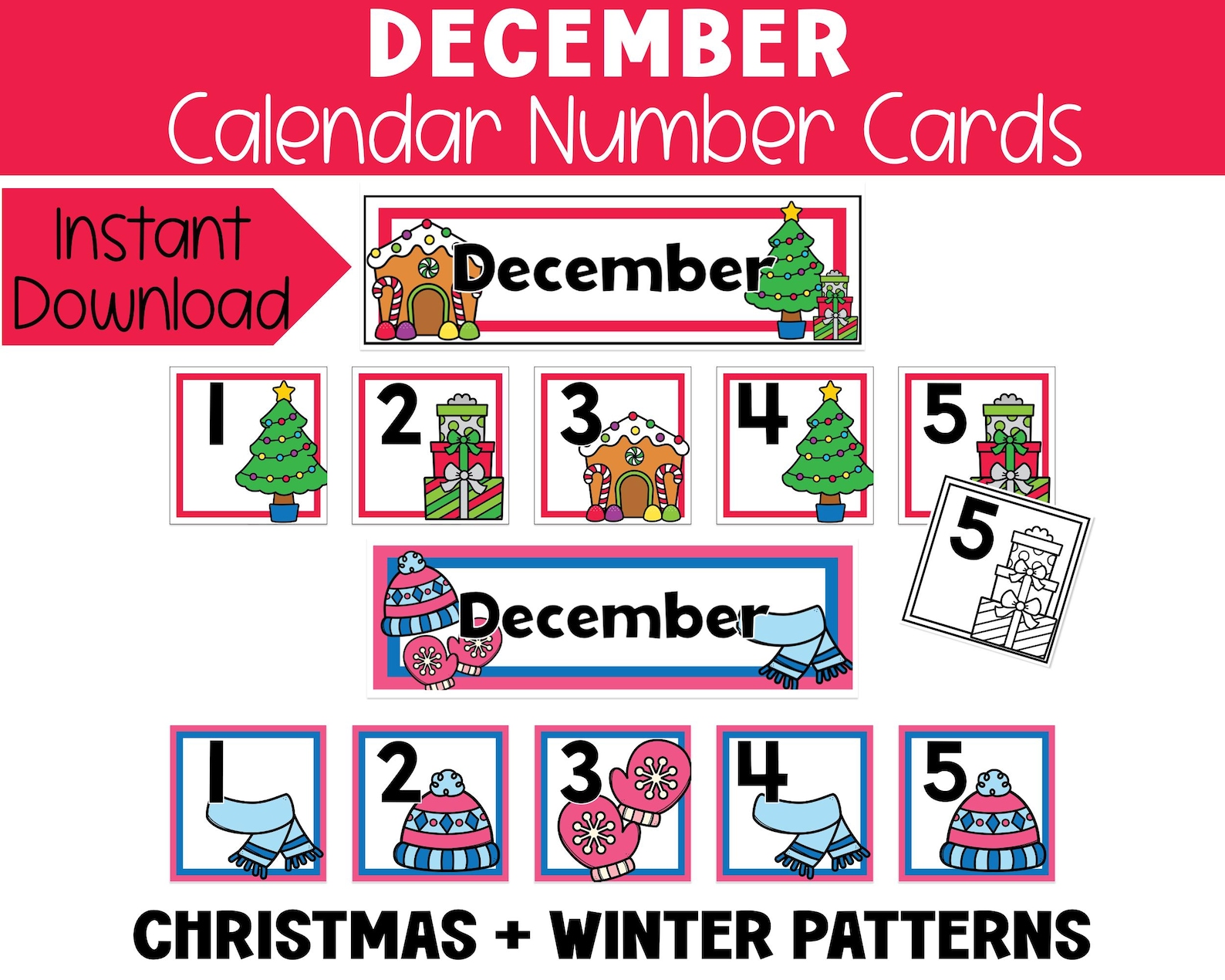 December Winter and Christmas Calendar Numbers Cards Printable Color ...