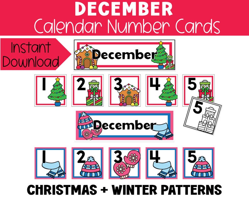 December Winter and Christmas Calendar Numbers Cards Printable Color ...