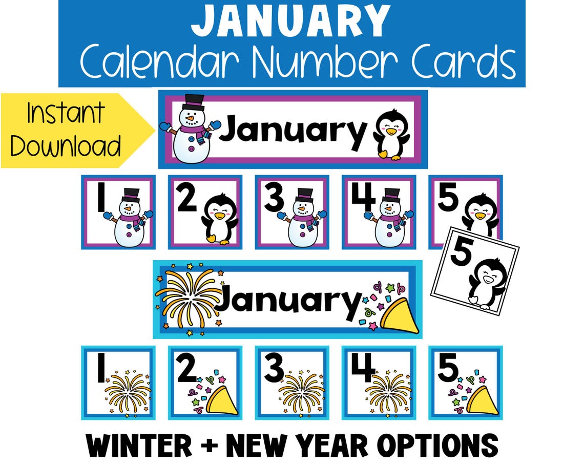 January Winter and New Year Calendar Numbers Cards Printable Color and ...