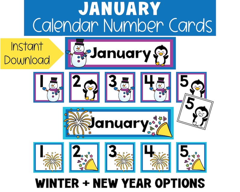 January Winter and New Year Calendar Numbers Cards Printable Color and ...