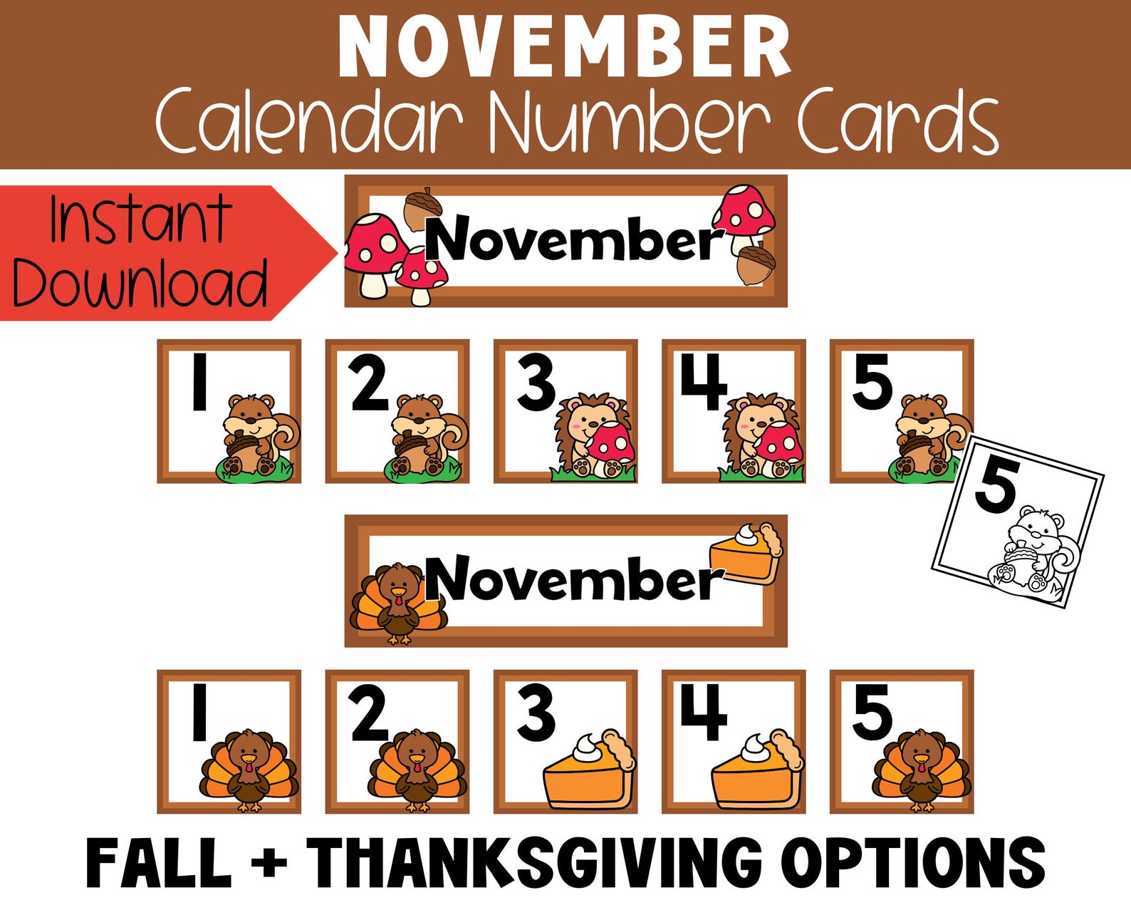 November Fall and Thanksgiving Calendar Numbers Printable Color and ...