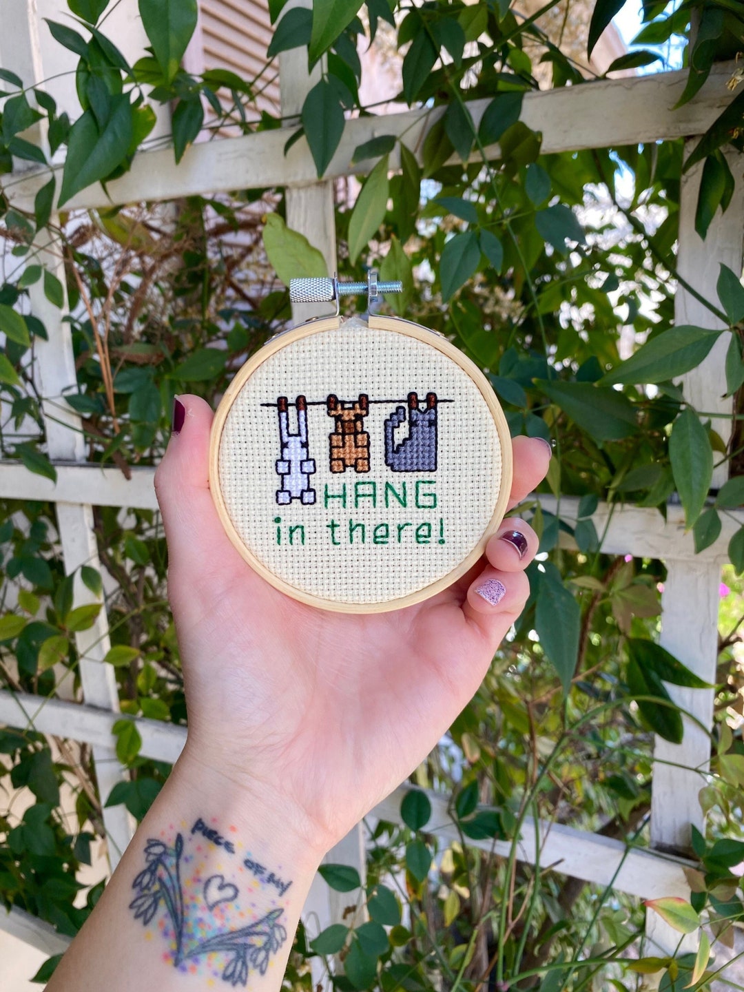 Handmade Cross Stitch Sign Hang in There Complete Needlepoint Framed ...