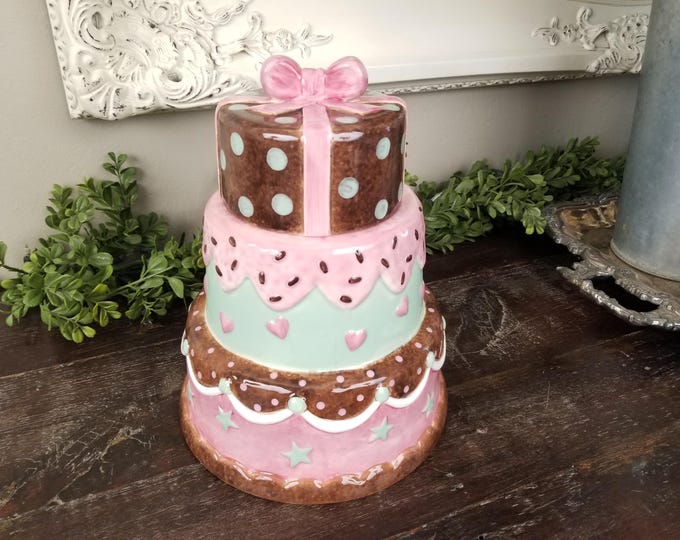 Darling Pink Three Tiered Cake With Sprinkles & Bow Cookie Jar by ...