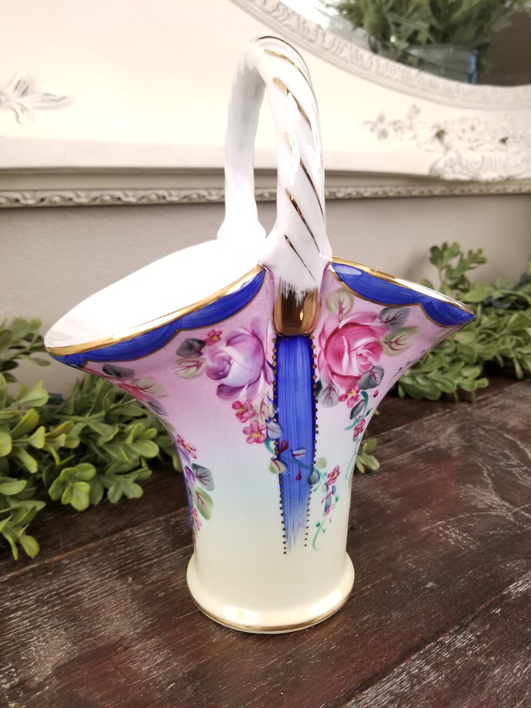 Vintage Reproduction RS Prussia Hand Painted Ceramic Basket Vase With ...