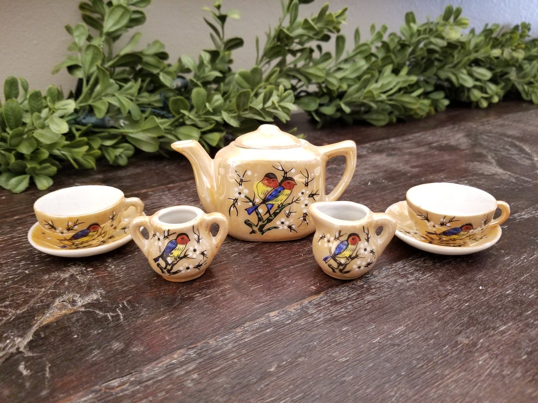 Vintage Tiny 8 Piece Children's Tea Set Peach Lusterware With Birds ...
