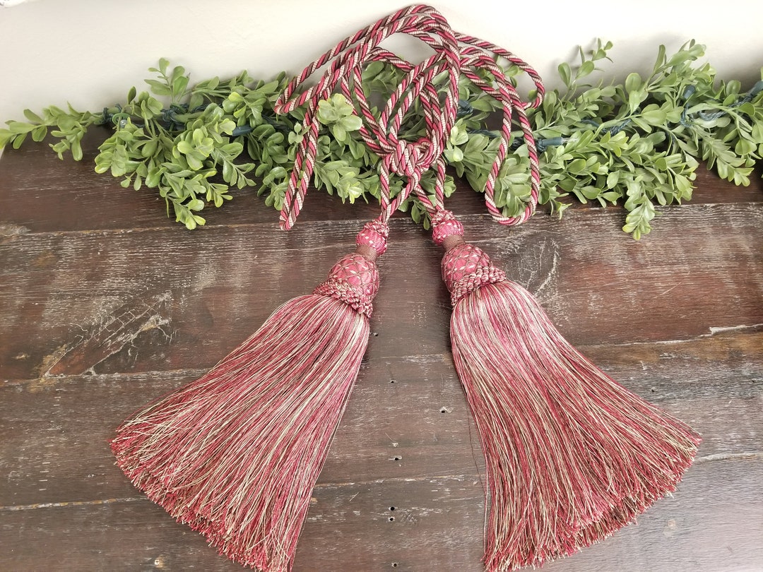 Elegant Pair of Large 12 Red Brown Cream Drapery Tassels Braided Rope ...