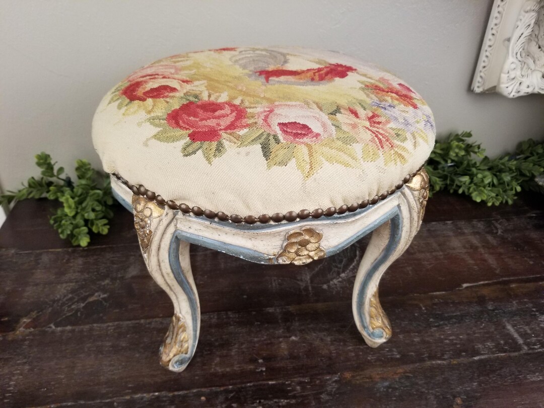 Vintage Round French Country Floral Tapestry Footstool Hand Painted ...