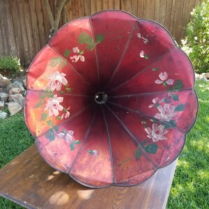 Antique Edison Phonograph Record Player Horn Red Hand Painted Pink ...