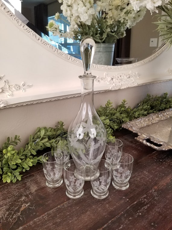 Antique Etched Floral Crystal Cordial Liqueur Decanter With - Etsy