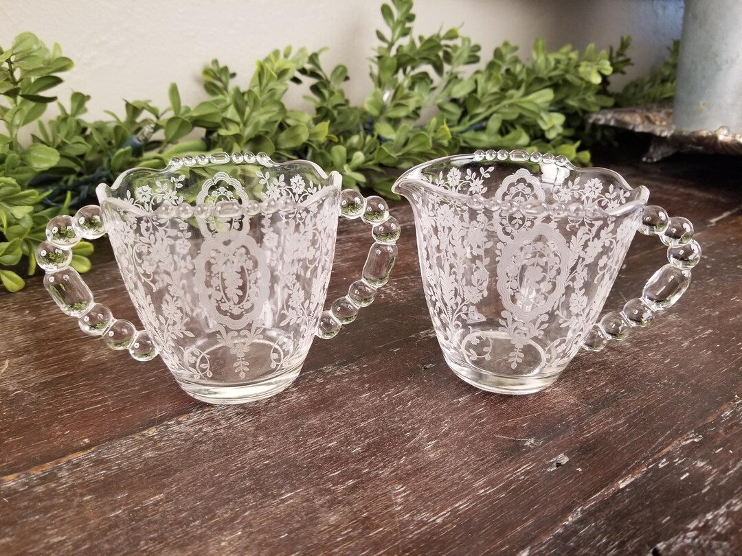 Vintage Tiffin Franciscan JUNE NIGHT Pattern Cream & Sugar Etched Glass ...