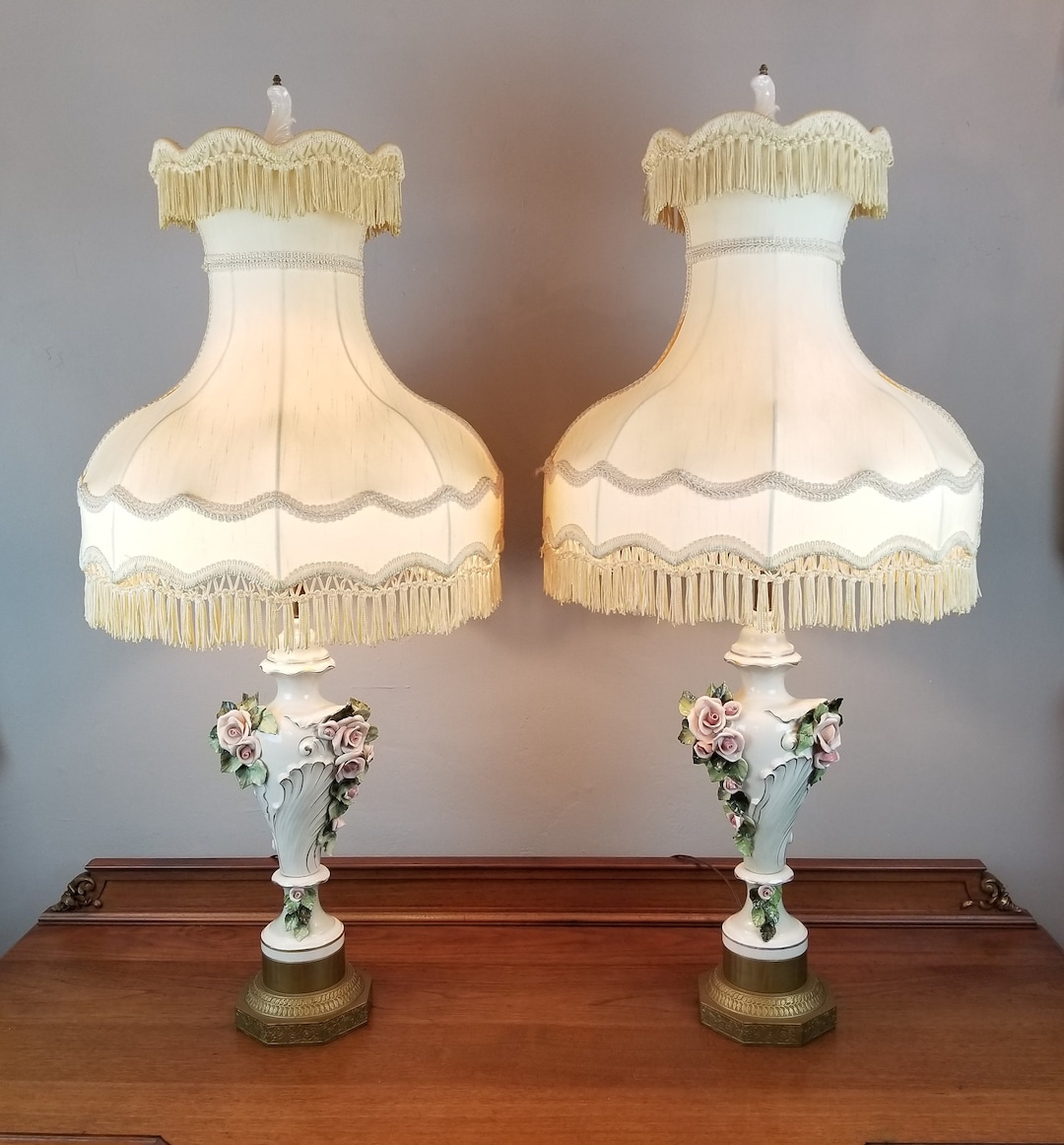 Vintage Pair of Cordey Style Lamps With Pink Roses, Ornate Metal Bases ...