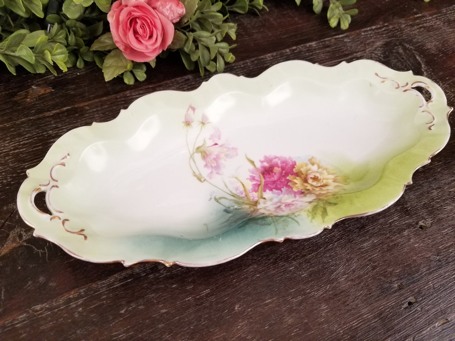 Antique German 12 1/4" Oval Celery or Relish Dish With Florals ...
