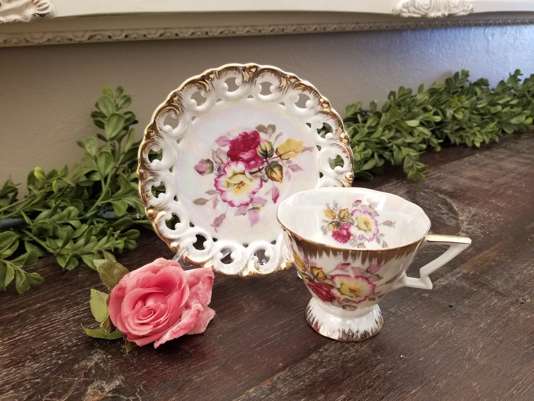 Vintage Lusterware Reticulated Gilt Teacup & Saucer With Roses by Marco - Etsy