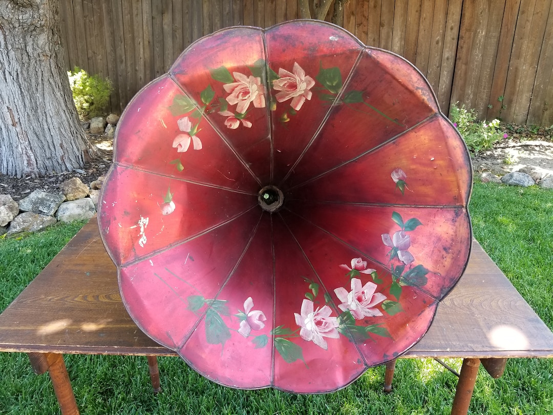 Antique Edison Phonograph Record Player Horn Red Hand Painted Pink ...