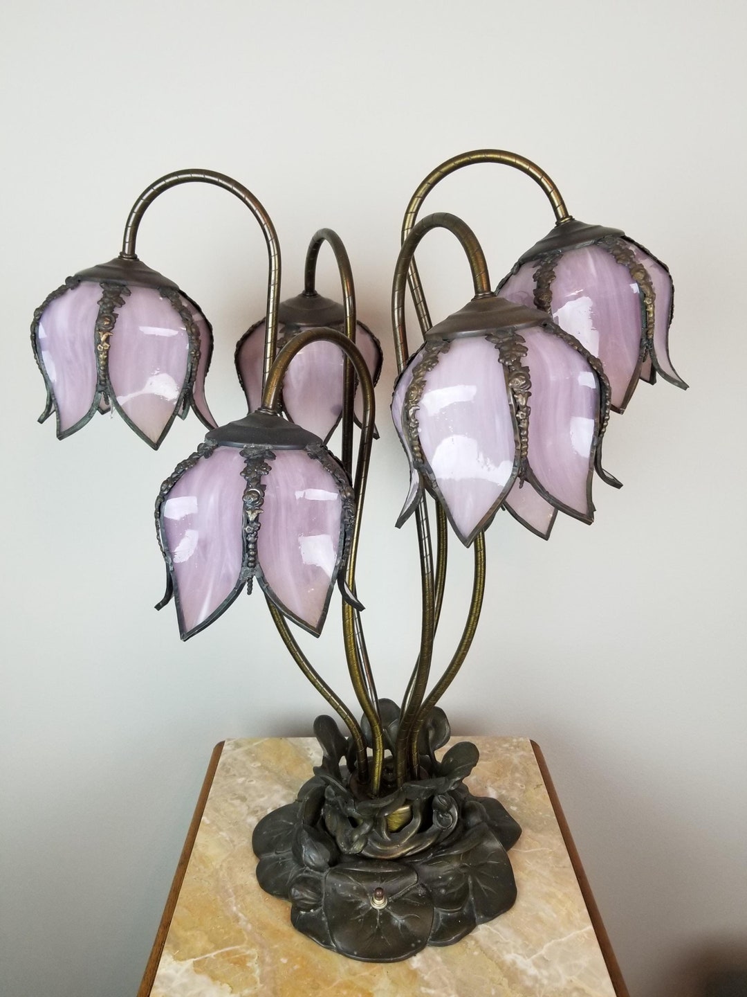 Vintage Tiffany Style Pink Slag Glass 6 Light Lily Pad Base Floral ...