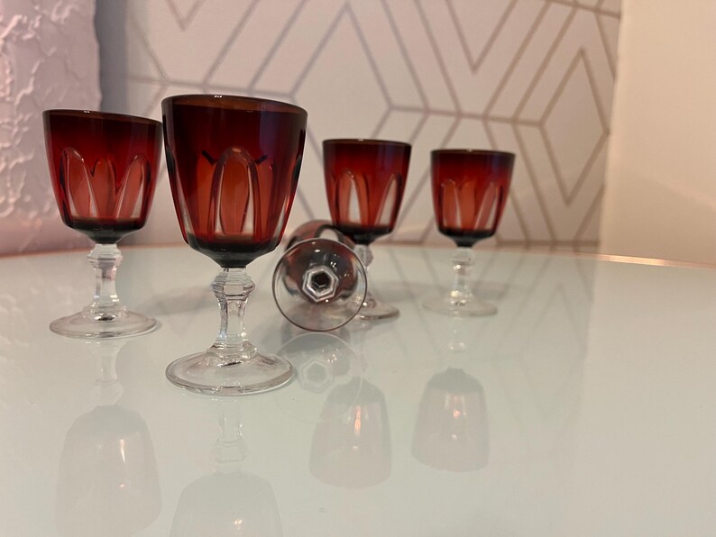 Vintage Crystal Ruby Cordial Glasses Set of 5 Burgundy Shot Wine Gothic ...