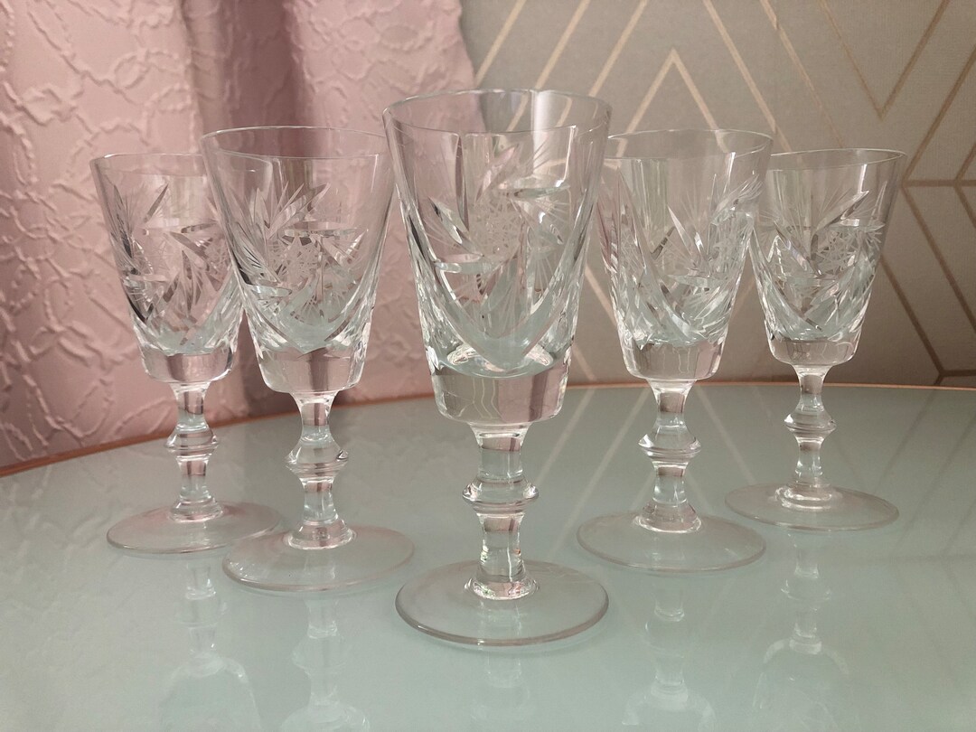 Rare Vintage Crystal Sherry Wine Glasses Pinwheel Sears Set 5 Hungary Blown Crystal Glass Star