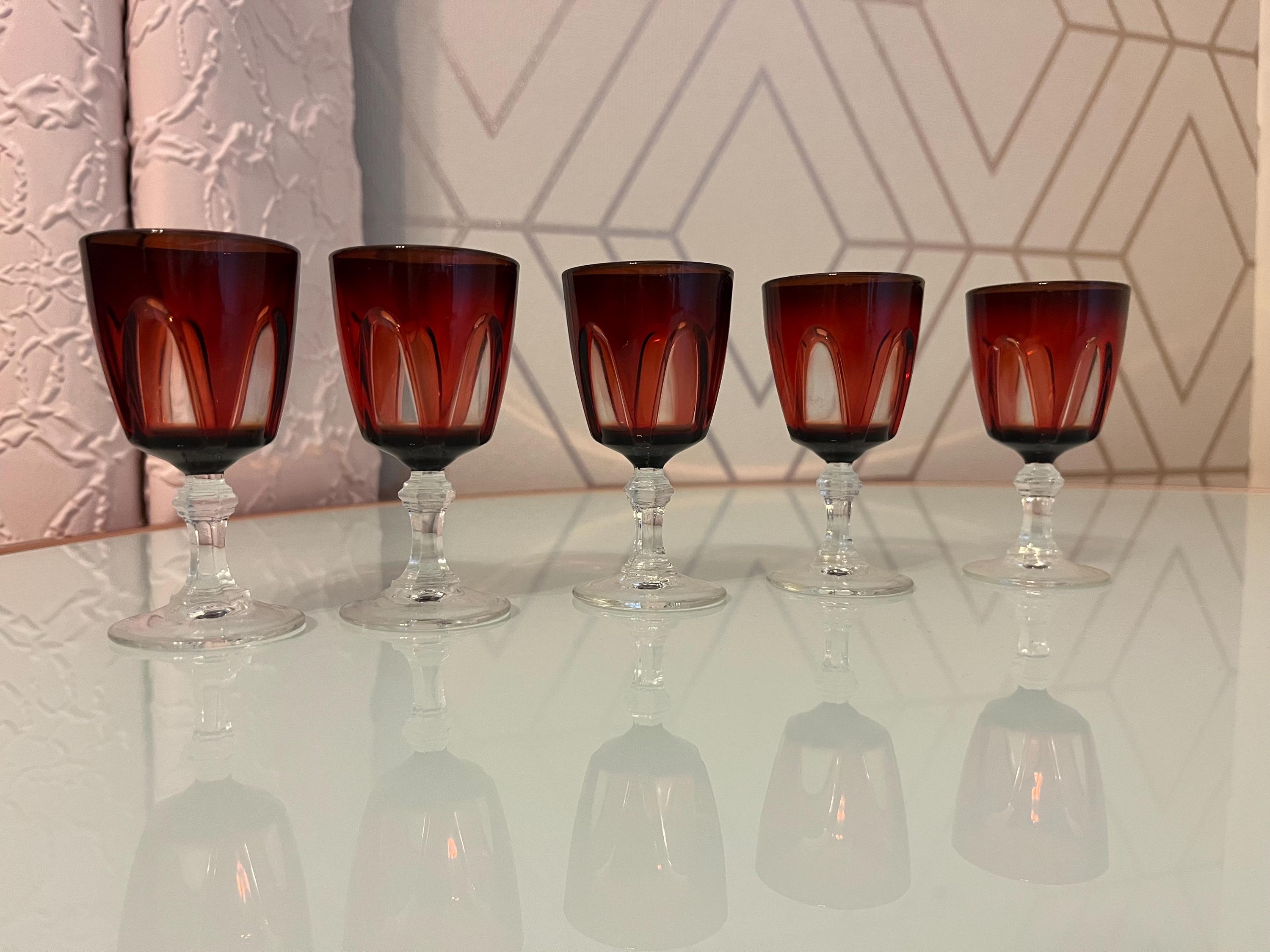 Vintage Crystal Ruby Cordial Glasses Set of 5 Burgundy Shot Wine Gothic ...