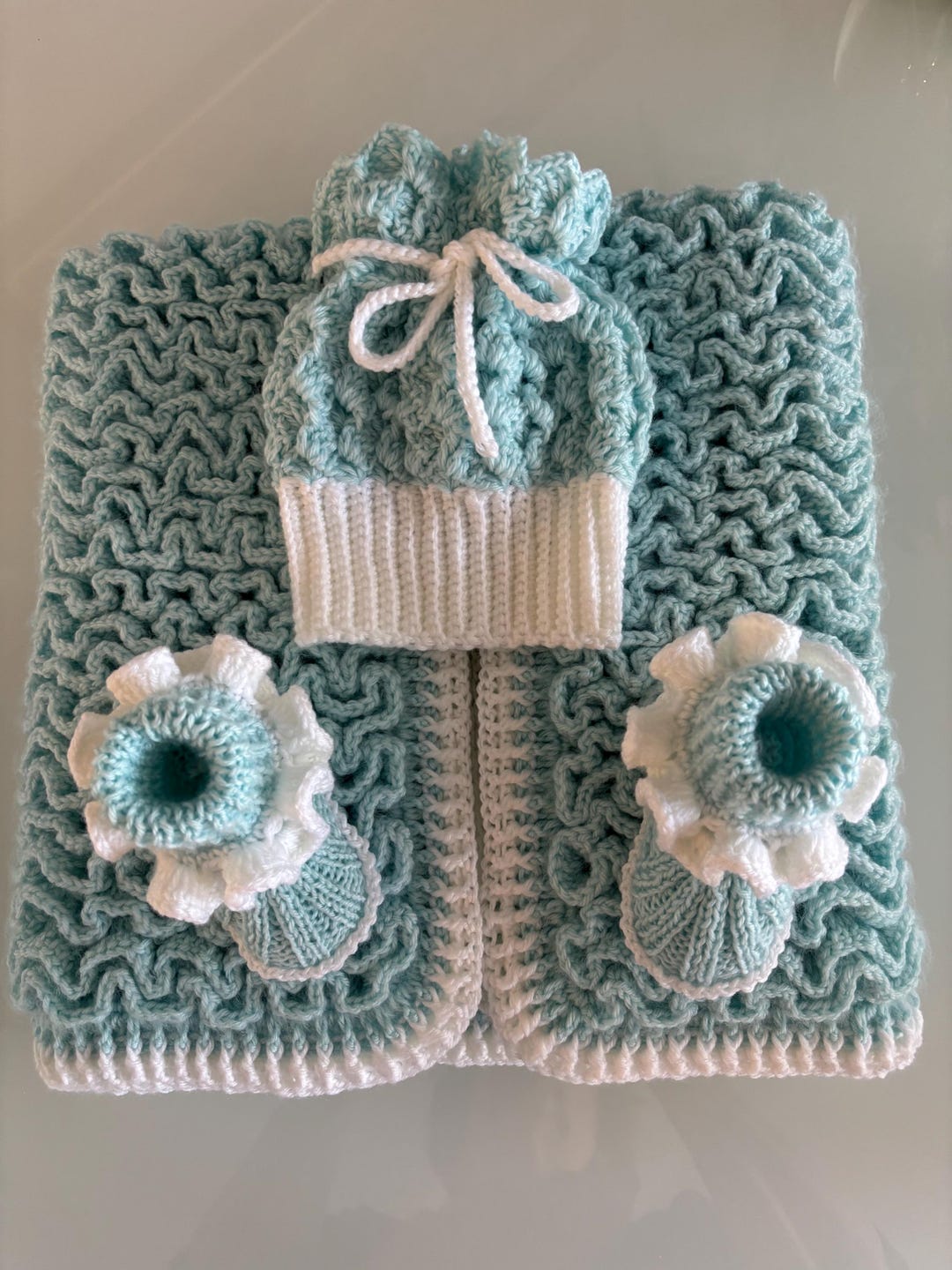 Hand Knit Crochet Newborn Hat , Booties and a Crib Blanket - Etsy