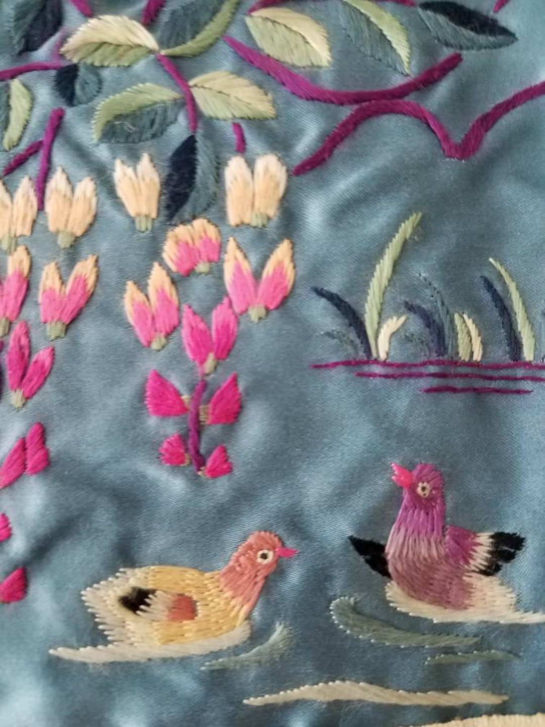 Vintage Almost Antique Set of 7 Asian Floral Fauna Hand Embroidered ...