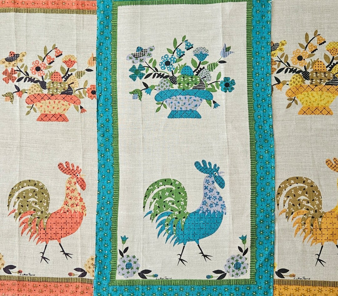 Vintage AMERICANA Country ROOSTERS by Luther Travis Linen Kitchen Tea ...