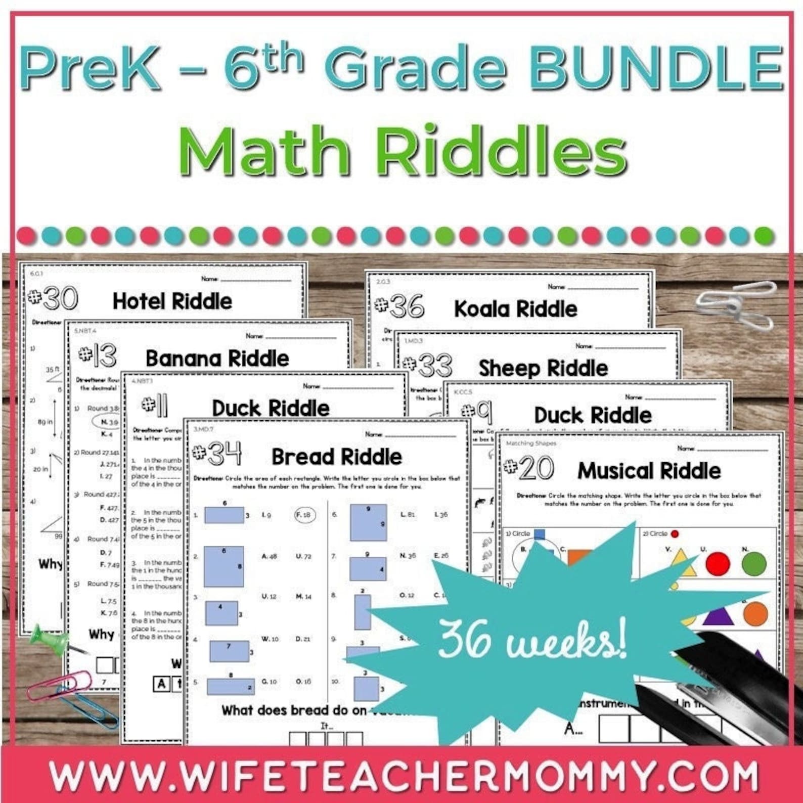 36 Weeks of Math Riddles for Prek-6th Grade - Etsy