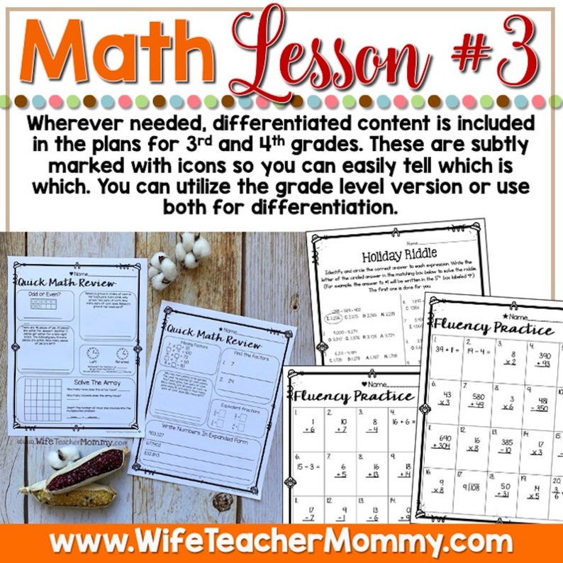 November Homeschool Lessons for 3rd and 4th Grades Math - Etsy