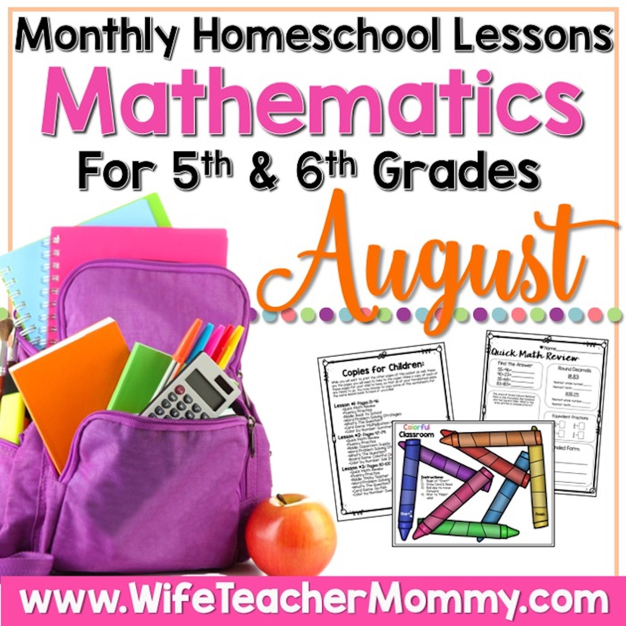 August Homeschool Lessons for 5th and 6th Grades Math - Etsy