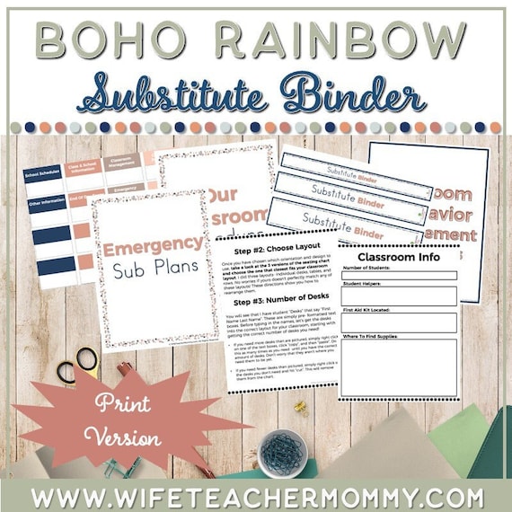 Editable Boho Rainbow Substitute Binder print Version | Etsy