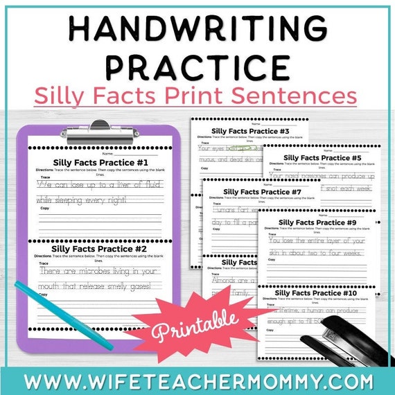 Handwriting Practice: Silly Facts Print Sentences - Etsy