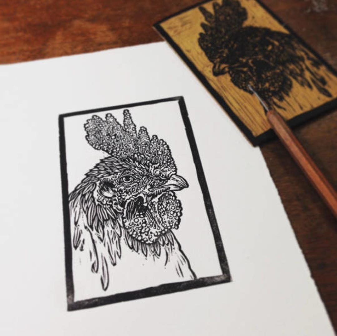 Leghorn Rooster: Linocut Original Hand-pulled Relief Print - Etsy