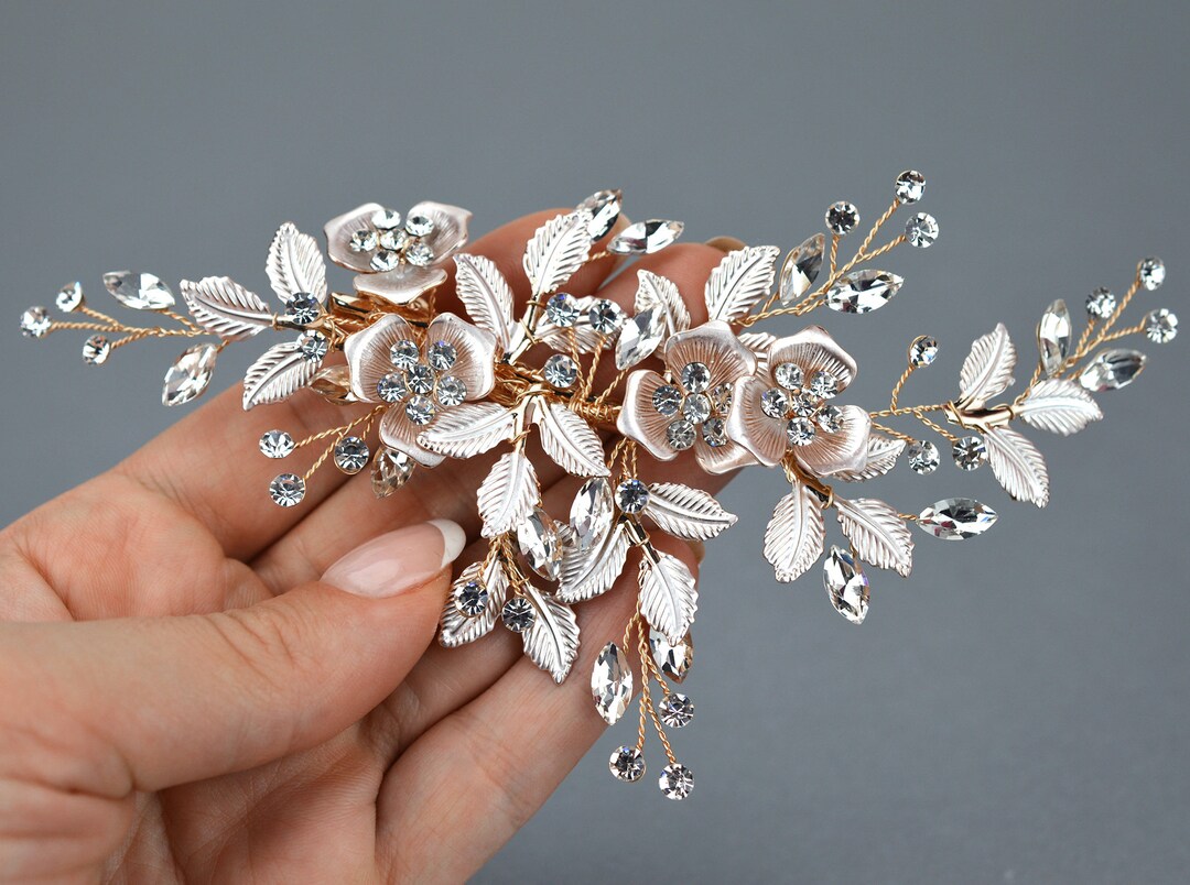 Rose Gold Floral Hair Clip / Wedding Clip / Bridal Headpiece / Crystal ...