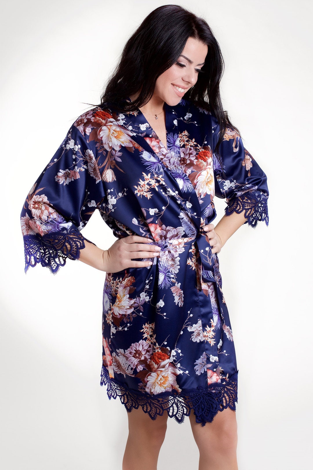 NAVY BLUE Lace Bridal Robe / Bridesmaid Robes / Rustic Robe / Floral ...