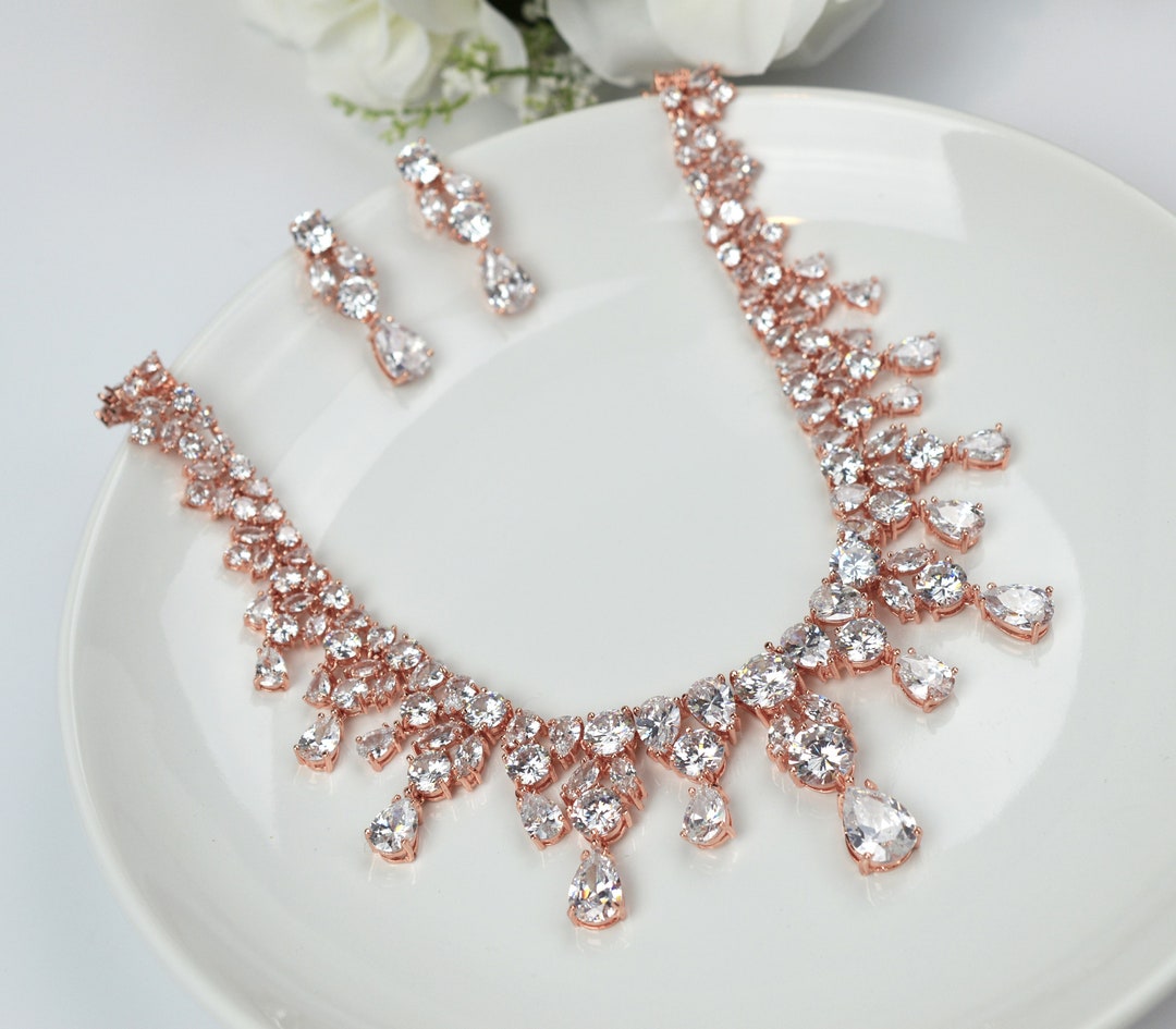CLEARANCE Rose Gold Bridal Necklace Set / Rose Gold Wedding Jewelry Set ...